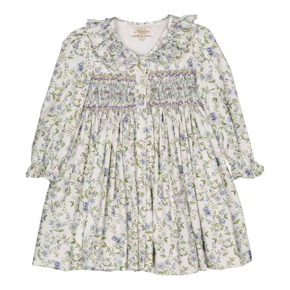 Adeline, smocked dress, in romantic print with blue flowers