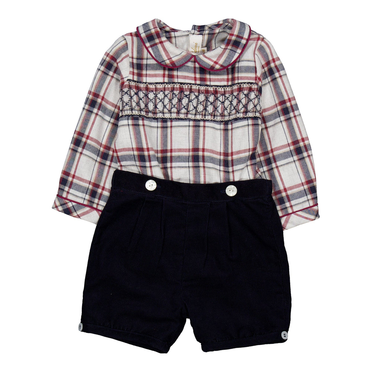 Barnabé, set bébé, chemise en tartan marine/bordeaux & short en velour
