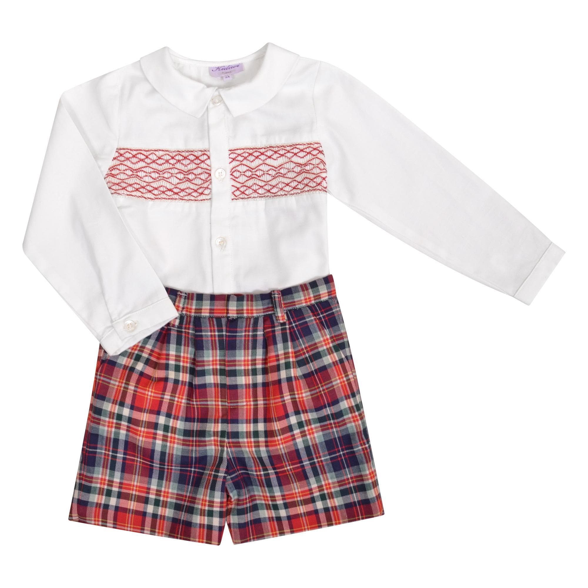Benoit, Boy's set, with smocked shirt and shorts, in red tartan