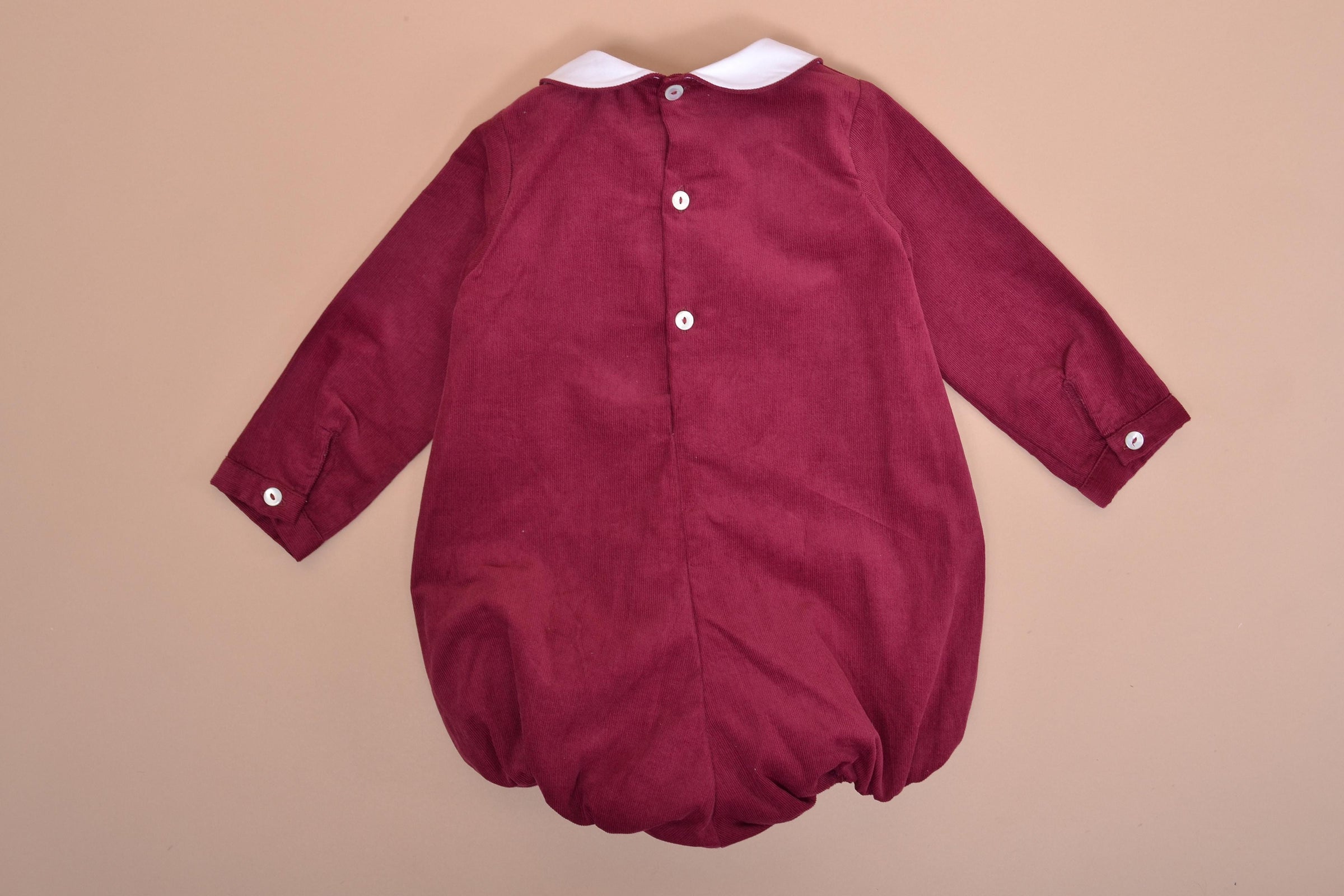 Caleb, Long-sleeved baby romper, Peter Pan collar, smocked front, open