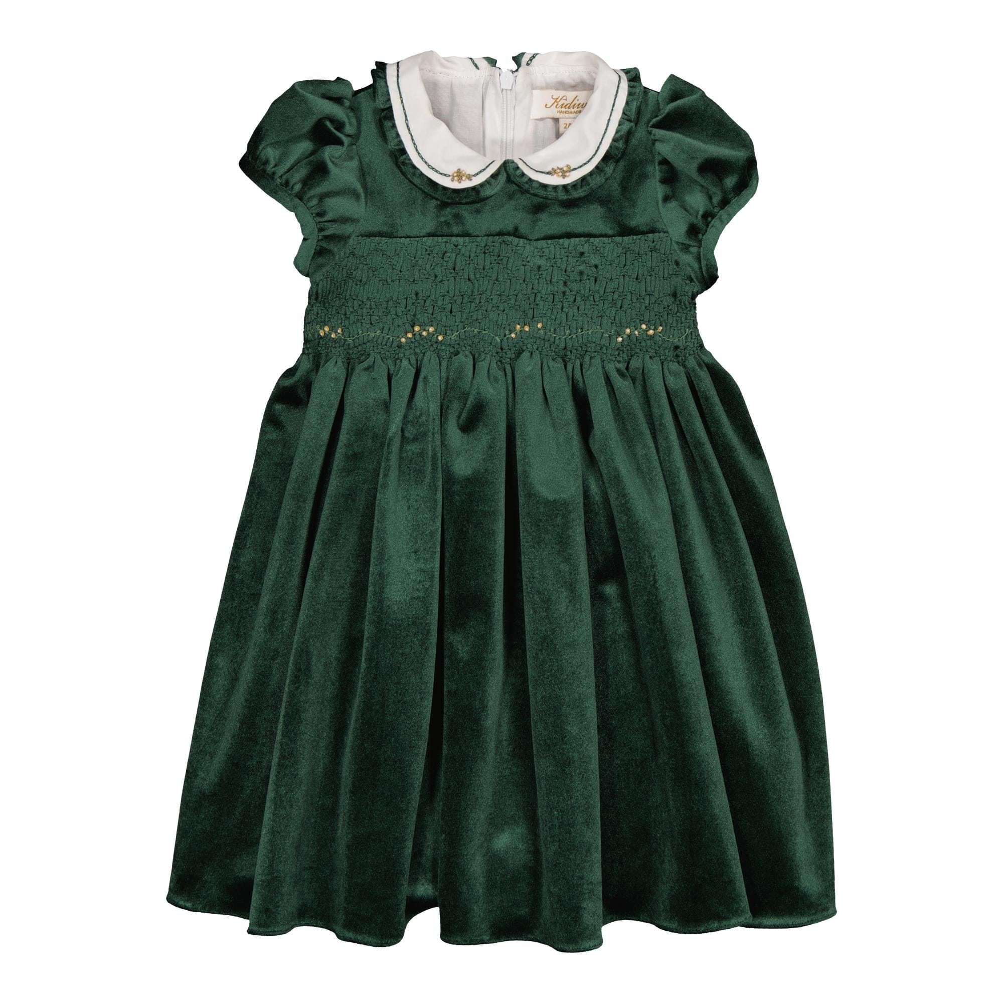 Héloïse, emerald green velvet smocked dress