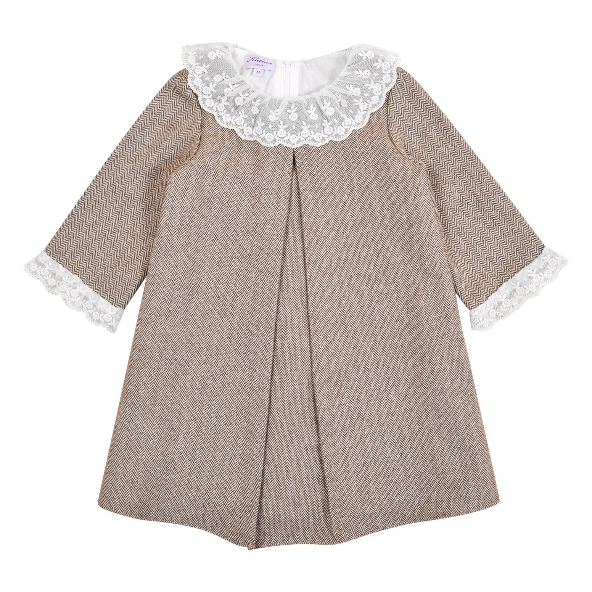 Madeleine, Dress with 3/4 ruffled sleeves, lace collar, brown herringb